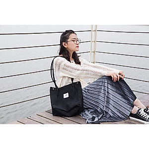 Belsmi Womens Ladies 13 Inches Corduroy Tote Bag (Black)