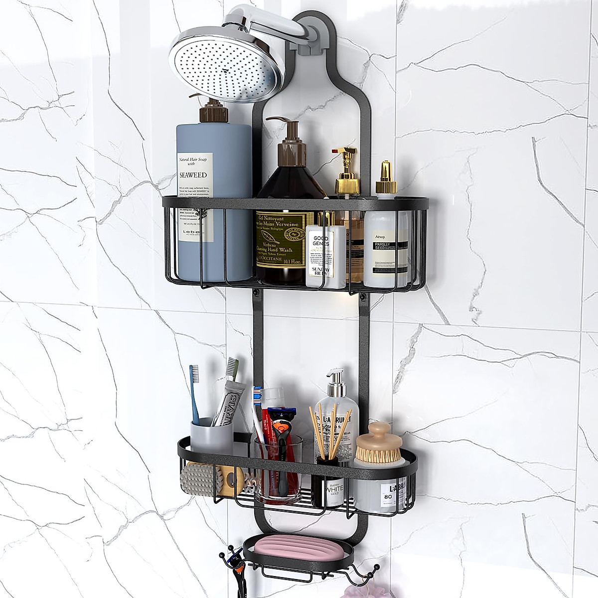 Kadolina Bathroom Hanging Shower Organizer, Over Head Shower Caddy Shower Storage Rack Basket with Hooks for Razor and Sponge Rustproof, Black [Patented]