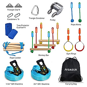 Jugader 2X50ft Ninja Warrior Obstacle Course for Kids with Pulley, Ninja Warrior Slackline Kit with Accessories, Monkey Bars, Gym Rings,Climbing Ladder
