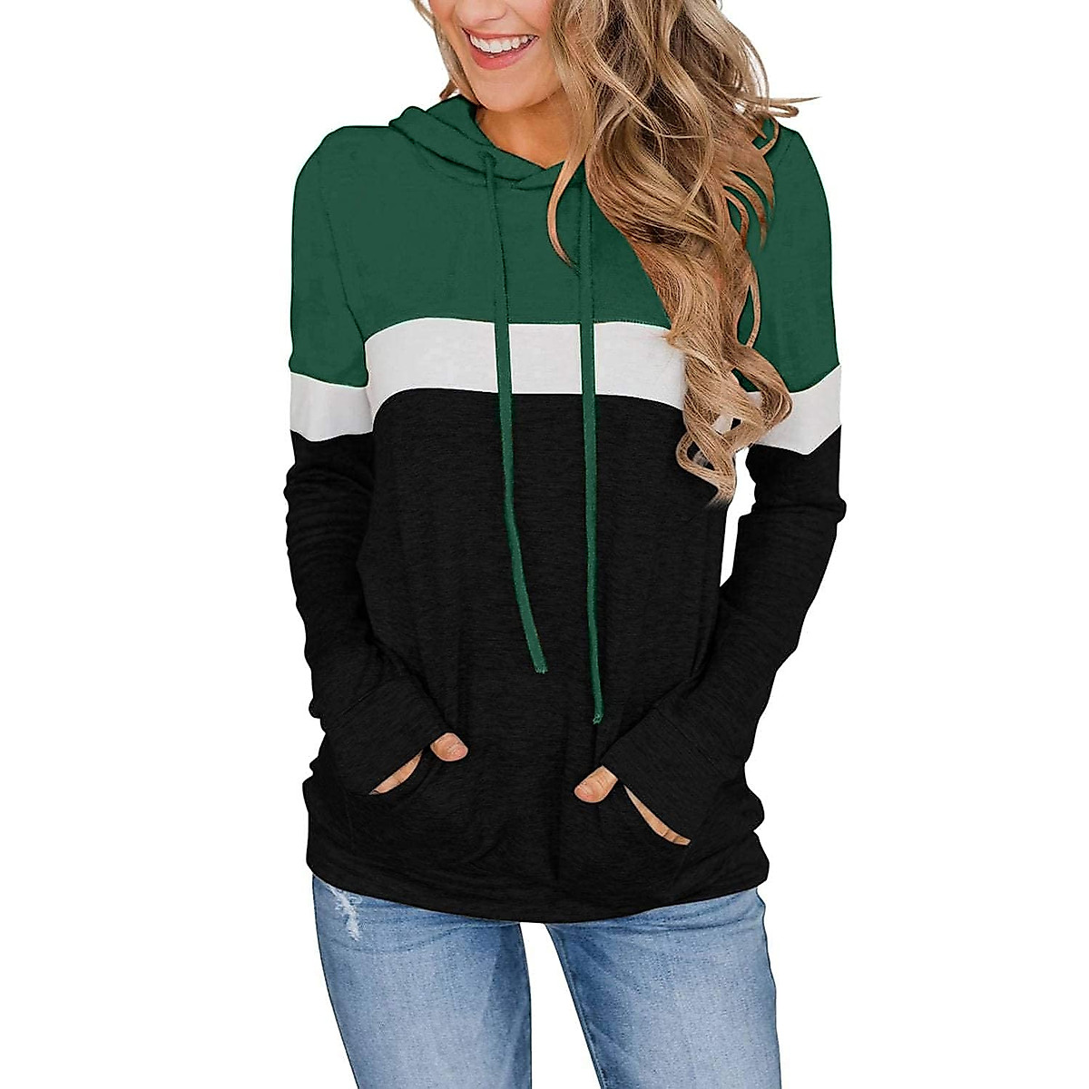 Womens Tops Long Sleeve Shirts Fall Sweatshirts Lightweight Sweaters Sports Hoodies Fashion Outfits Clothes Ladies Casual Tunics Loose Fitting Tees Blouses Green Black Medium