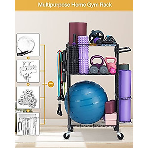 FHXZH Home Gym Storage Rack, Workout/Exercise Equipment Storage Organizer with Hooks and Wheels for Yoga Mat & Ball Dumbbell Kettlebells Foam Roller Resistance Bands