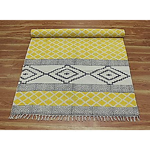 Casavani Hand Made Cotton Dhurrie Geometric Yellow & Black Tassel Rug Easy Care Washable Rugs for Doormat Entryway Living Room Bedroom Hallway Balcony 8x10 Feet