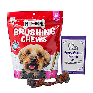 Milk-Bone Brushing Chews Dental Dog Treats - Mini Snacks for Small Breeds (48 Count) - Plus Rope Toy and Fun Animal Facts Booklet Bundle
