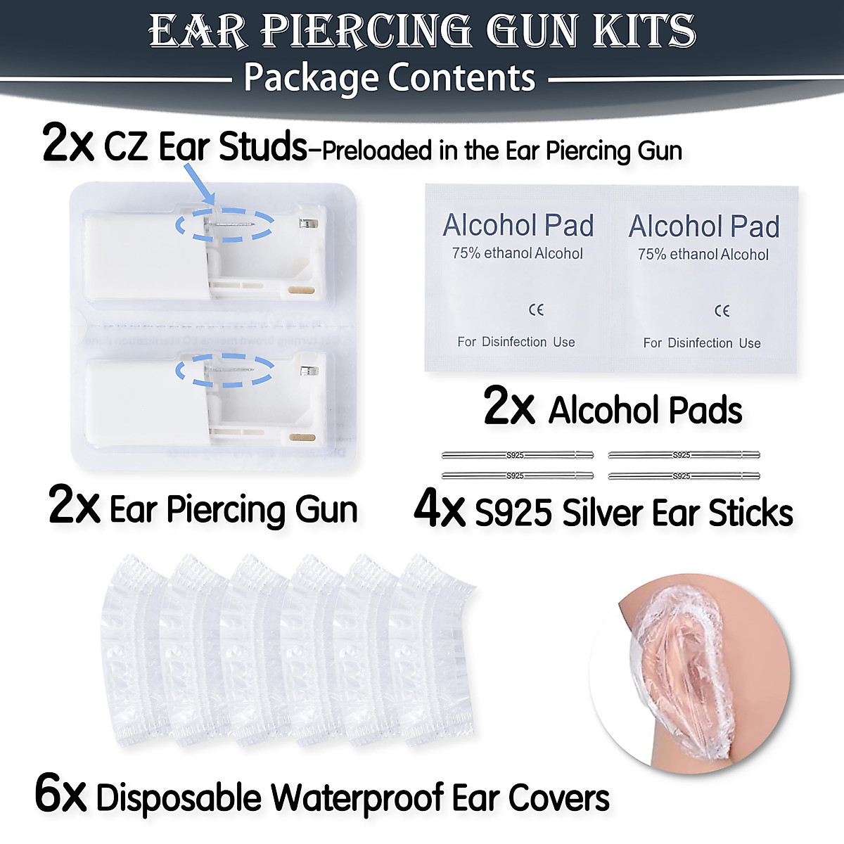 Ear Piercing Kit, Anzero 2 Pcs Disposable Ear Piercing Gun with Preloaded Ear Stud, at Home Self Ear Piercing Gun Kit - 3MM Earrings Stud