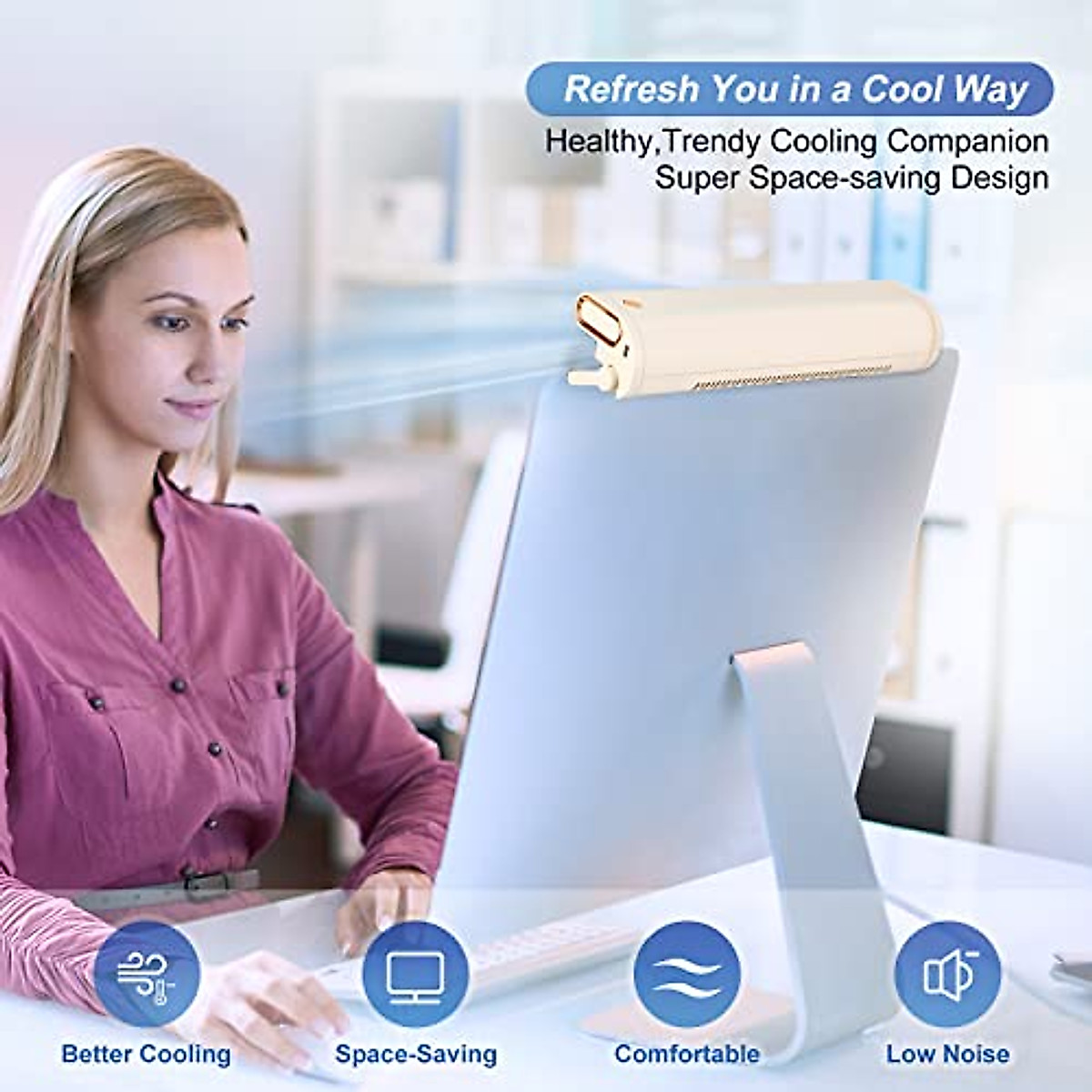 Avoeco Computer Monitor Fan, Office Fan, Space Saving, 3 Speeds, Screen Clip on Fan, for Cooling, Small Fan with USB Powered, Desk Fan, Bladeless Fan，Monitor Fan Bar, for Office, Home, Gaming (white)