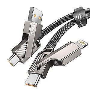 SHEZI 4-in-1 USB C Cable Lightning Cable 60W [Fast Charging & Data Sync] Flat Braided Multi iPad Charger Cord Combo Lightning/Type C/USB A Ports for iPhone 15/15 Pro/15 Plus/15 Pro Max, 5ft