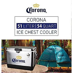 Corona Ice Chest Beverage Cooler with Bottle Opener, 51L (54 qt), 85 Can stainless steel Portable Cooler, Silver and Black, for Camping, Beach, RV, BBQs, Tailgating, Fishing