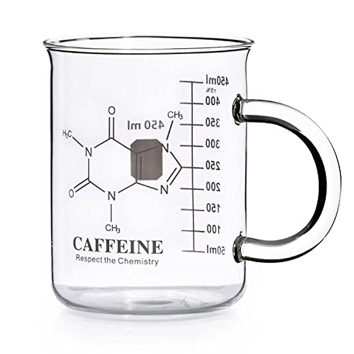 Caffeine Beaker Mug, Caffeine Molecule Mug - Chemistry Mug 16 oz Borosilicate Glass Coffee Mugs with Handle and Measuring for Coffee, Latte, Tea or Hot and Cold Beverage, Tea Coffee Mug by Amugo