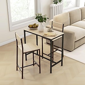 HOMCOM 3 Piece Bar Table and Chairs, Industrial Dining Table Set for 2, Counter Height Kitchen Table with Bar Stools, Breakfast Table Set for 2 for Small Space, Oak