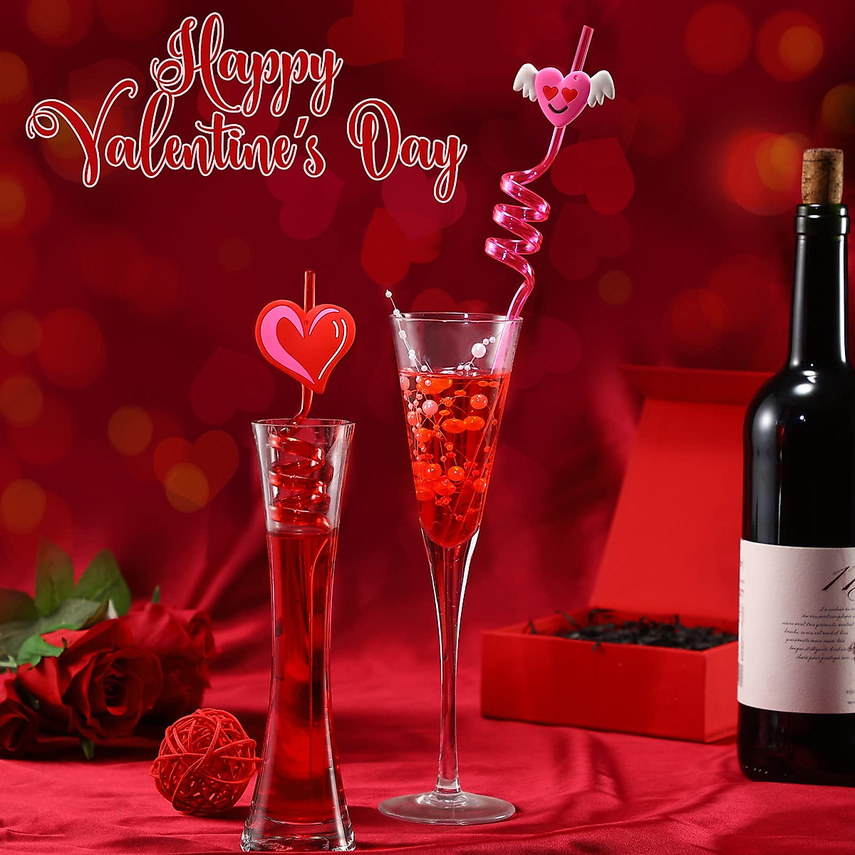 24 Pieces Valentine's Day Heart Shaped Straws Reusable Crazy Loop Straws Valentine Theme Party Plastic Drinking Straws for Valentine's Day Birthday Wedding Party Favors Decorations Supplies, 6 Styles