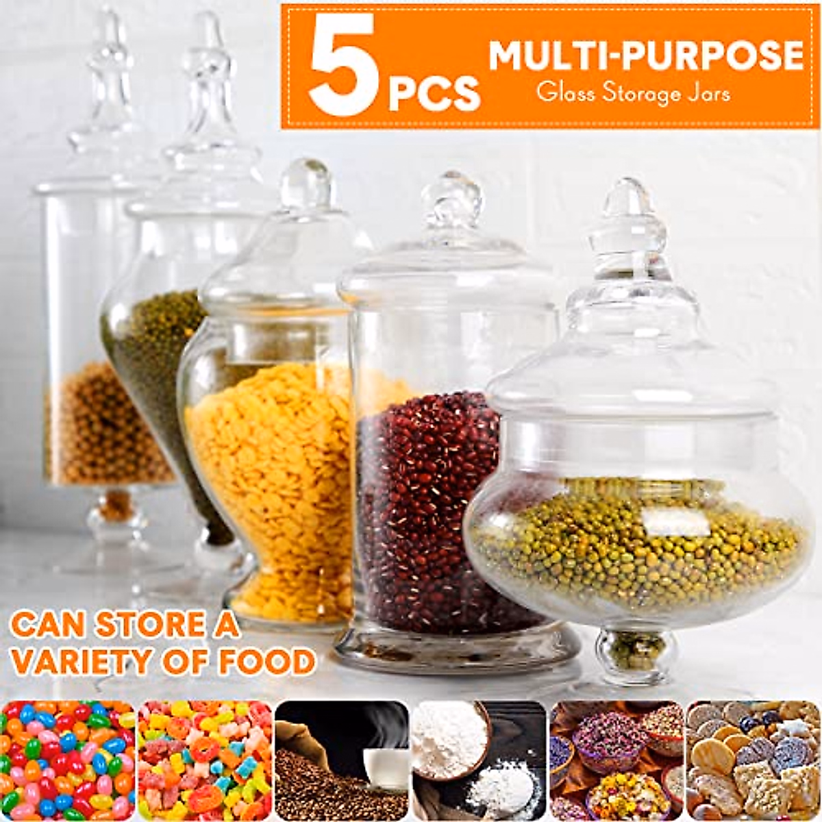 5 Pieces Glass Apothecary Jars with Lids Large Candy Buffet Display Decorative Jars Clear Storage Jars Candy Bar Organizer Canisters for Kitchen Bathroom Wedding Party, 5 Shapes