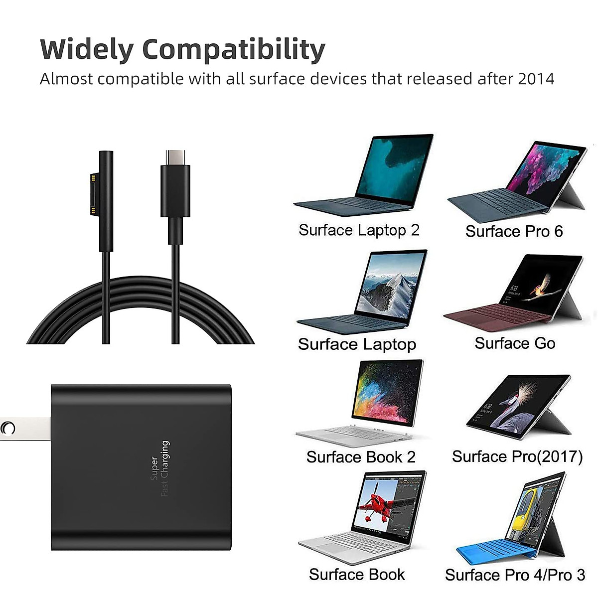 45W USB C Charger for Microsoft Surface Pro, Sisyphy Super Fast Charger with 6ft Surface Cable, GaN Tech PD3.0 QC3.0 PPS, Compatible for Surface Pro Surface Go and More USB C Laptops and Phones