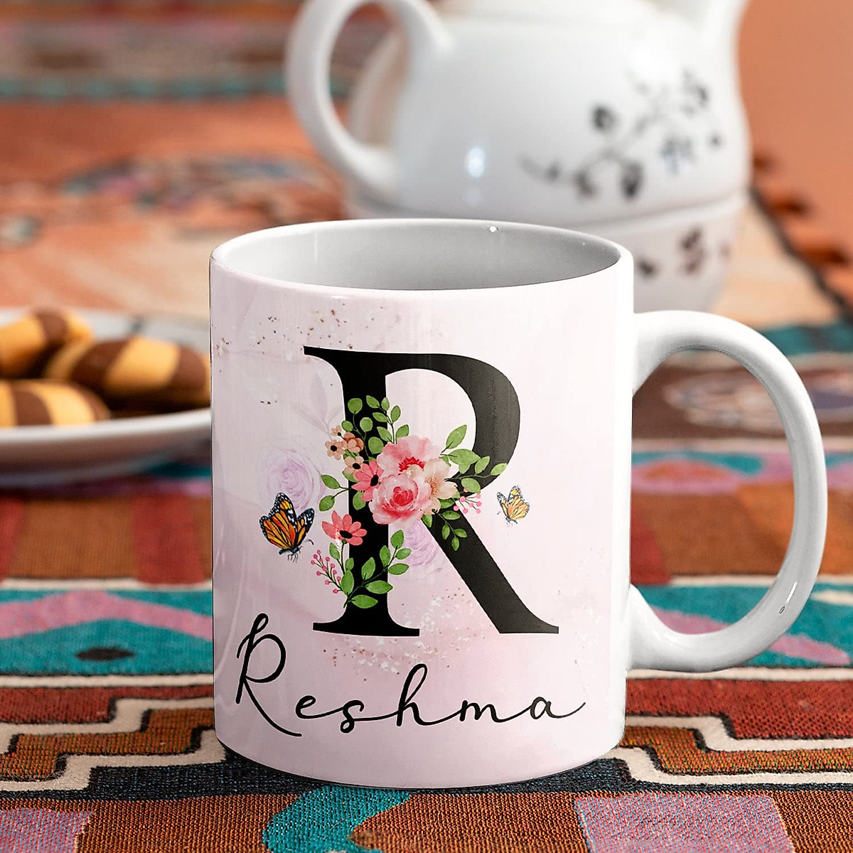 Personalized Name & Initial Monogram Floral Pink Pattern Alphabet White Coffee Mug Cup, Initial Monogram Travel Mug Gift For Women