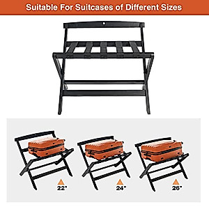 AKVOMBI Luggage Rack with Back, Black Suitcase Stand for Guest Room, Folding Luggage Stand with Storage Shelf for Bedroom, Hotel, Nylon Straps, Wood