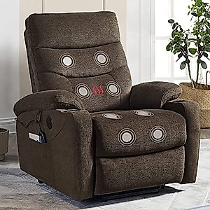 THIHOME Electric Power Lift Recliner Chair Sofa with Massage and Heat for Elderly, 3 Positions, 2 Side Pockets and Cup Holders, USB Ports, High-end Quality Fabric for Home Living Room Bedroom, Brown