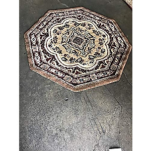 Traditional Octagon Persian Rug Beige Brown Burgundy & Black Design 520 (4 Feet X 4 Feet)