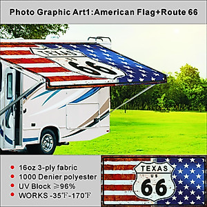 Dulepax RV Awning Fabric Replacement-11'(10'2" Fabric) Heavy Duty 16 oz Vinyl Fabric -Universal Camper Awning Fabric Replacement for All Awning Brands-Photo Graphic Art1:American Flag+Route 66