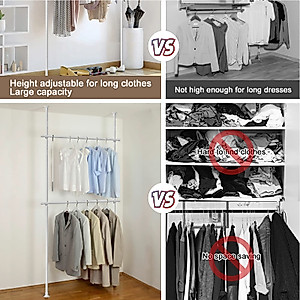 Closet Organizer Garment Rack, Heavy Duty 2-Tier Adjustable Free Standing Clothes Laundry Drying Rack, Floor to Ceiling Clothing Hanger Tension Rod Closet System Wardrobe Storage (White)