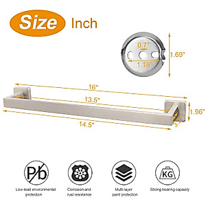 TocTen Bath Towel Rack - Square Base Thicken SUS304 Stainless Steel Towel Bar for Bathroom, Bathroom Accessories Towel Rod Heavy Duty Wall Mounted Towel Holder. (Brushed Nickel, 16)