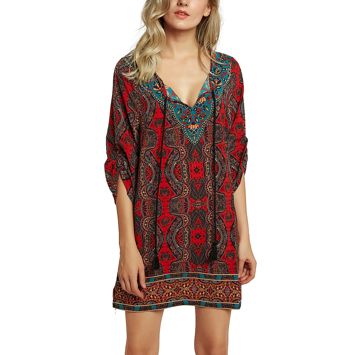 Women Bohemian Neck Tie Vintage Printed Ethnic Style Summer Shift Dress (2XL, Pattern 15)