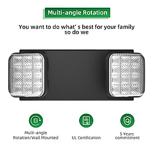 EXITLUX 1 Pack Blacks Emergency Lights with Backup Battery,Two Head Adjustable Fire Commercial Emergency Light Fixture-UL Listed-120/277VAC-Led Emergency Exit Lights Fixtures for Business.