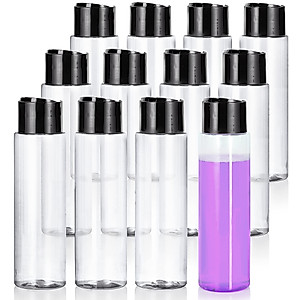 JUVITUS Clear 12 oz Professional Cylinder PET Plastic Bottles (BPA Free) (12 Pack, Wide Black Disc Cap)