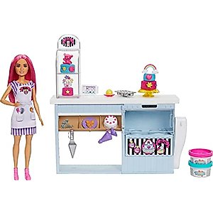 Barbie Bakery Doll & Playset with Pink-Haired Petite Doll, Baking Station, Cake-Making Molds & Dough & 20+ Accessories