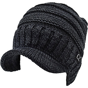 C.C Trendy Warm Oversized Chunky Soft Oversized Ribbed Slouchy Knit Hat with Visor Brim (Black/Charcoal)