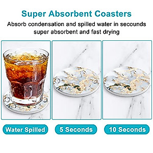 Nipichsha Coasters for Drinks, Set of 6 Marble Absorbent Ceramic Coasters with Holder and Cork Base, Cute Stone Drink Coasters for Cup Kitchen Home Decor Housewarming Gift, Round 4", White Gray Gold