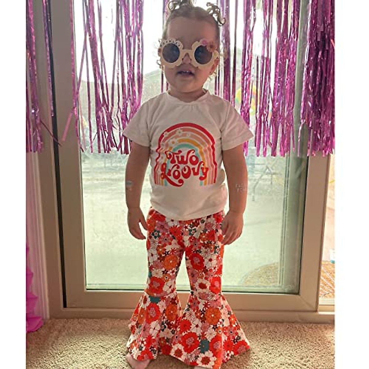 KOSUSANILL Two Groovy Outfit Toddler Baby Girl Short Sleeve Floral Shirt Top Flower Bell Bottom Pants 2PCS Baby Summer Clothes (White, 1-2 Years)