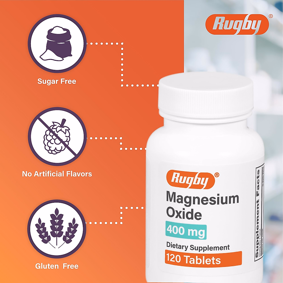 Rugby Magnesium Oxide 400 mg Tablets - Dietary Supplement - Gluten-Free - 120 Tablets
