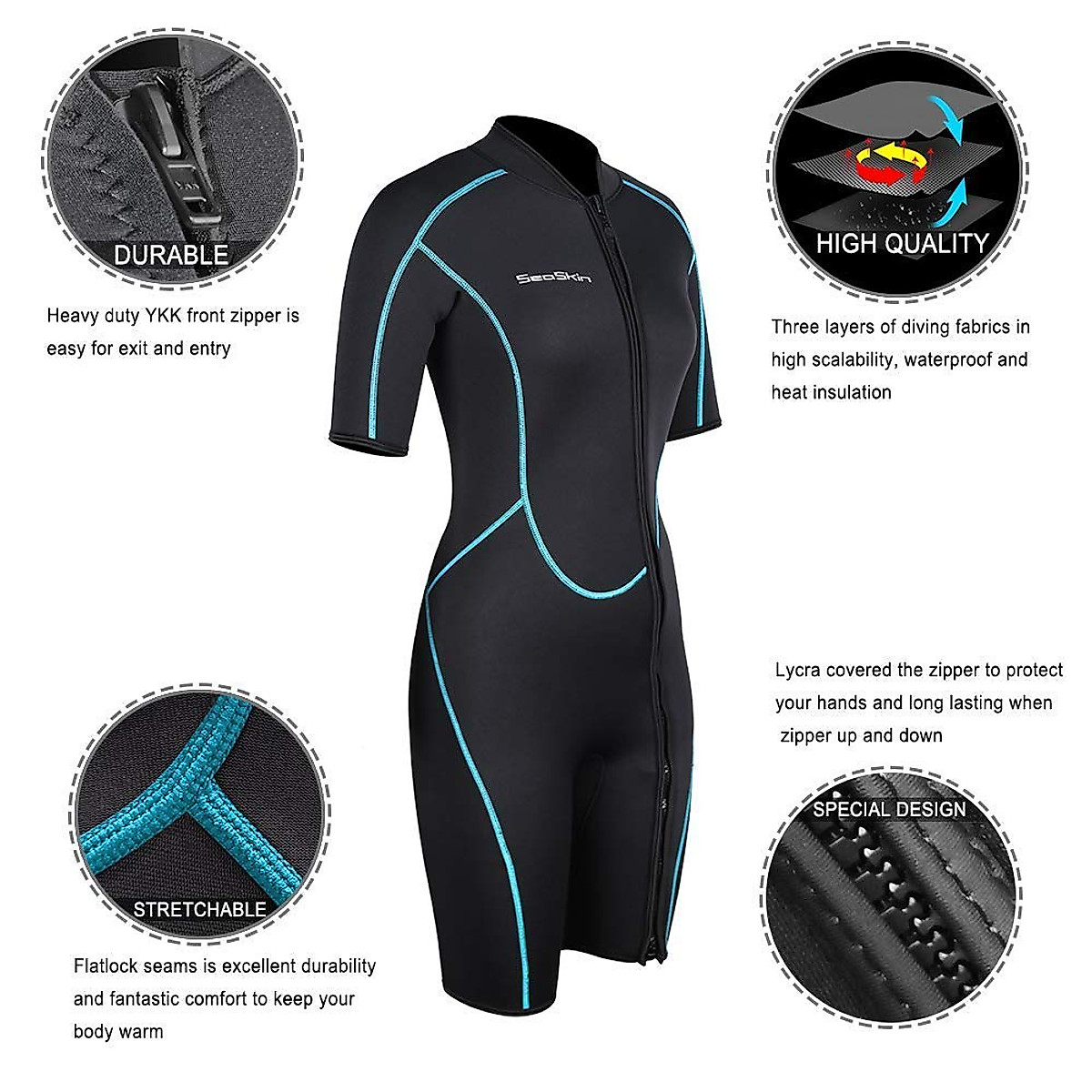 Seaskin 2 Pieces Shorty Wetsuit, 3mm Mens Medium Size and Womens Small Size Diving Suit Front Zip Wetsuit for Diving Snorkeling Surfing Swimming