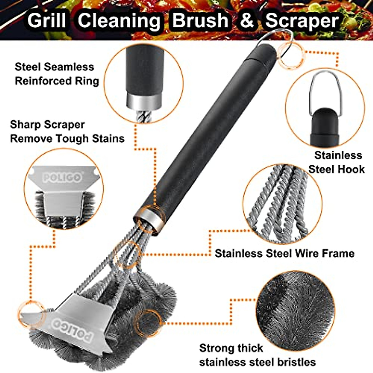 POLIGO Safe Grill Brush and Scraper with Deluxe Handle - 18" Grill Cleaner Brush Stainless Steel Bristle Grill Brush for Outdoor Grill Wizard Grate - BBQ Brush for Grill Cleaning Ideal Grilling Gifts