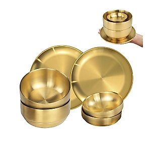 6 Piece Shatterproof Cutlery Set, 6.7 Inch Double Padded Dinner Plate, 5.1 Inch Gold Soup Bowl,3.5 Inch Sauce Dish,Plate and Bowl Set, Stainless Steel Plate Set for Home Kitchen Outdoor Camping (Gold)