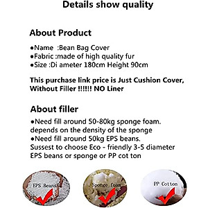 YIZA Bean Bag Chair 5ft Big Round Soft Fluffy Velvet Bag Chair Cover (No Filler,Cover only) Living Room Furniture Lazy Sofa Bed Cover for Adults (Black, 5FT) (5FT-01)