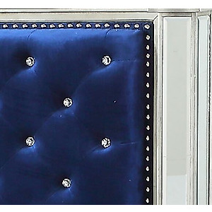 Acme Varian Queen Upholstered Panel Bed in Blue Velvet and Mirrored