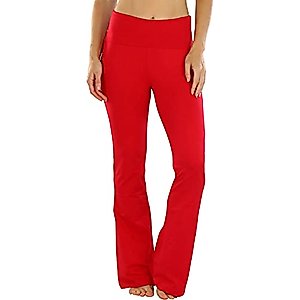 ToBeInStyle Women’s Premium Comfortable Cotton-Blend Fold Over Flared Yoga Pants Leggings - Ruby - Large