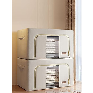 Large Capacity Clothes Storage Bags - Foldable clothing Storage Bins with Foldable Metal Frame, Zipper, Handles, Windows, for clothes and blanket - Underbed storage containers (24L, Cotton)