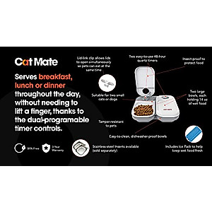 Bundle of Cat Mate C200 Automatic 2 Meal Pet Feeder, 2X Stainless Steel Bowl Inserts, and Extra Cat Mate Ice Pack