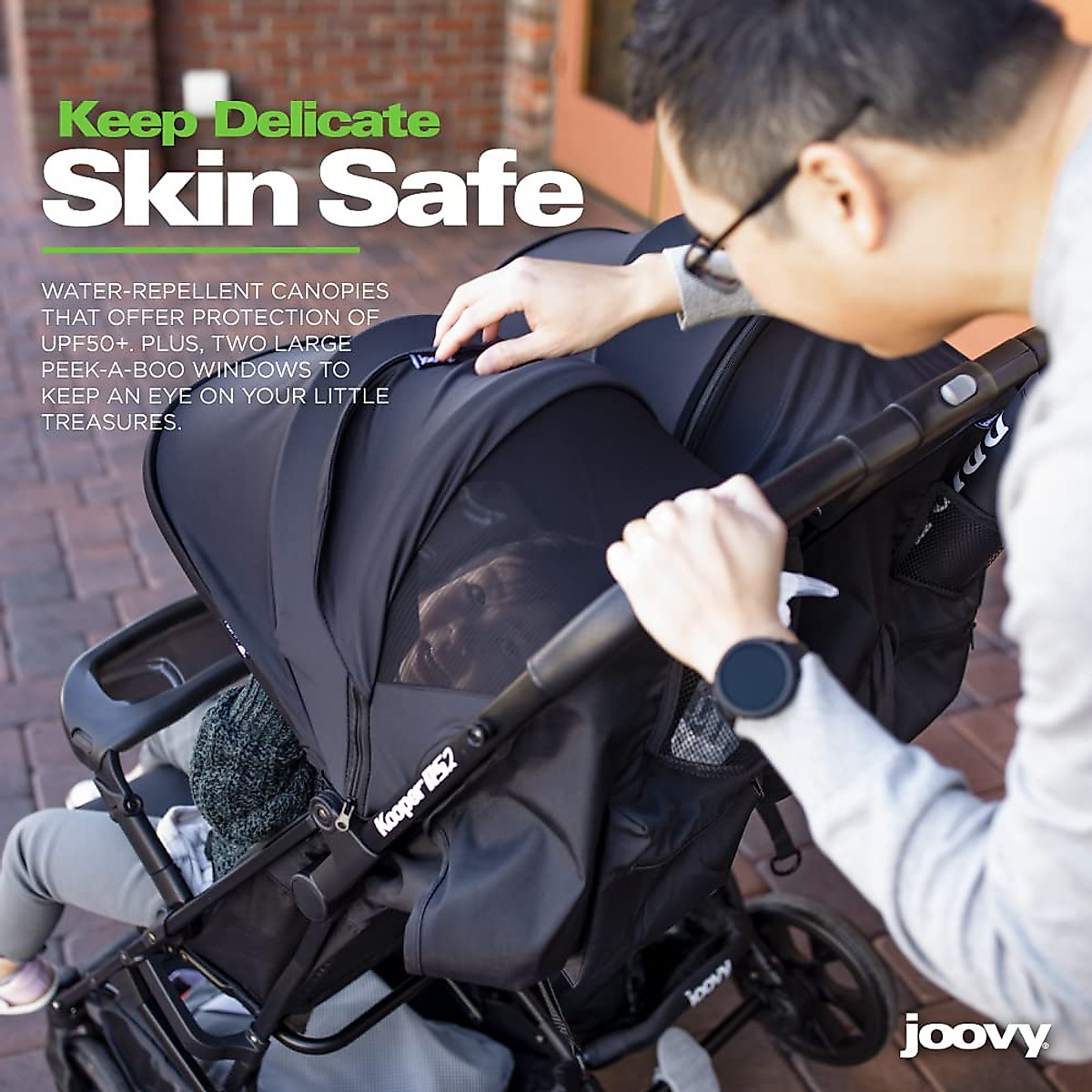 Joovy Kooper RS2 Lightweight Travel Double Stroller Featuring Dual Snack Trays, One-Handed Fold, Multi-Position Reclining Seats, Adjustable Leg Rests, and 2 Zippered Pockets for Storage