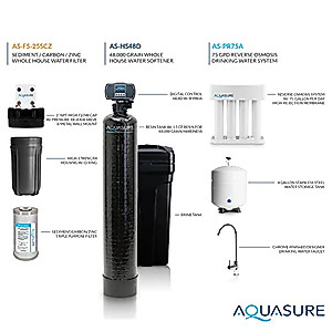Aquasure 48,000 Grains Whole House Water Filtration Bundle with Digital Metered Control Softener, Pre-Filters, 75 GPD RO Reverse Osmosis System, Eliminates 99% of Water Contaminants (3-4 bathrooms)