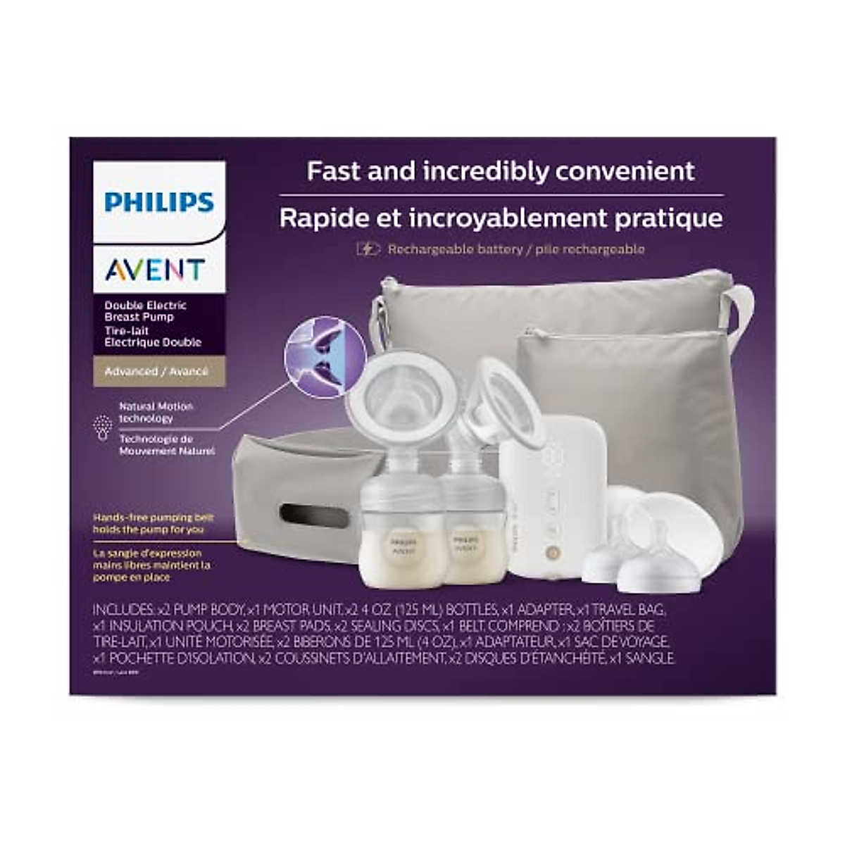 Philips AVENT Double Electric Breast Pump Advanced, with Natural Motion Technology, with Clear Natural Response Baby Bottles, White Pump, Gray Bag, Pouch, and Belt, SCF394/62