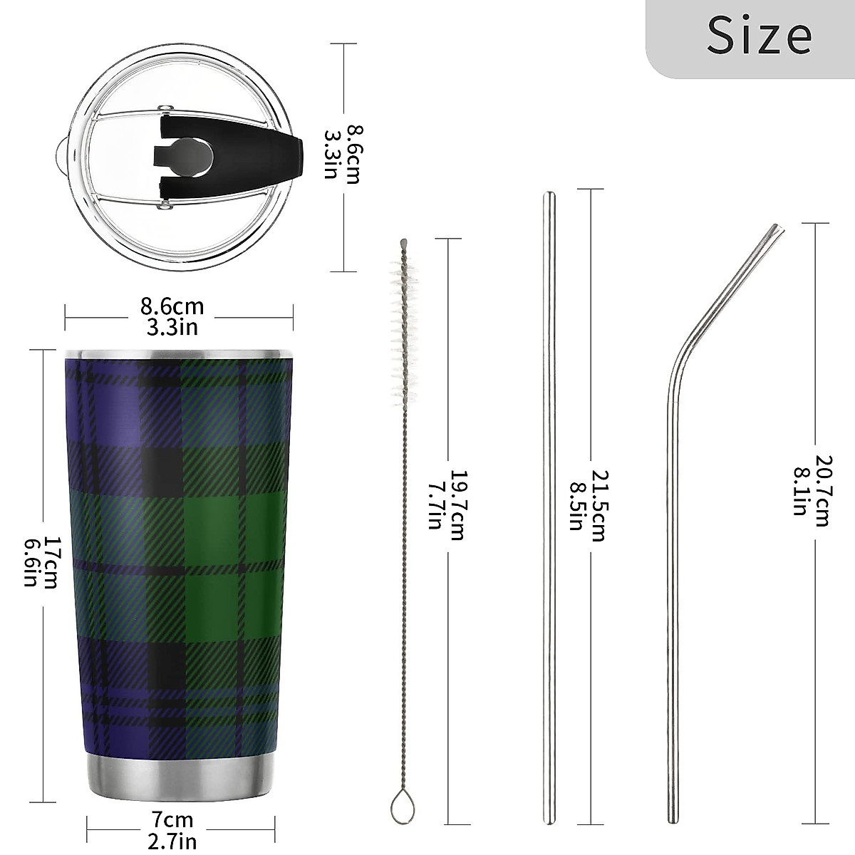Yasala Tumbler Tartan Plaid Green Blue Insulated Coffee Cup Beverage Container Travel Mug with Straw and Lid Double Wall Stainless Steel 20oz BPA-Free for Sport, Back to School