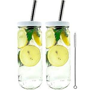Jarming Collections - Reusable Glass Smoothie Jars with Lids & Straws - Glass Jars with White Plastic Lids & Metal Straws, Jar Tumblers for Iced Coffee Glass, Smoothies, Milk Shakes (White, Pack of 2)