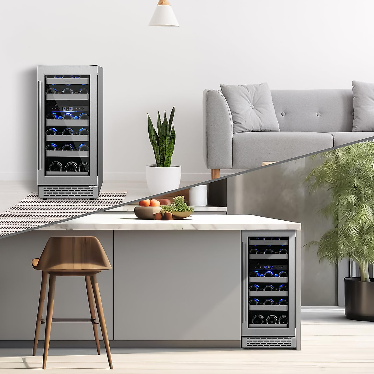 COLZER Elegant Mini Wine Fridge, 18 Bottle, 12 inch, Built-in or Freestanding, Stainless Steel, Double-Layer Tempered Glass Door