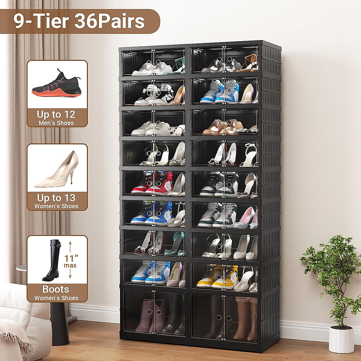 BROVIEW 9 Tiers 36 Pairs Foldable Shoe Rack, Tall Plastic Shoe Boxes Organizer for Closet Entryway, Large Shoe Storage Container Sneaker Cabinet Bin with Magnetic Clear Door, Black