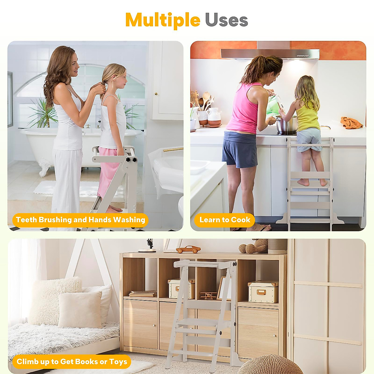 Toddler Tower Foldable, Kitchen Step Stool Helper with Safety Railing & 3 Adjustable Heights, Standing Tower with Double-Sided Drawing Board, Montessori Kitchen Tower for Toddlers/Kids Learning (Grey)