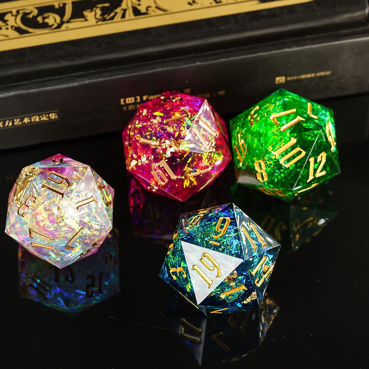Cusdie Single D20 DND Dice with Sharp Edges and Glitter Foil Inclusions, 20 Sided D&D Dice, 33mm Handcrafted Polyhedral Dice, for Role Playing Game MTG Pathfinder (Green)