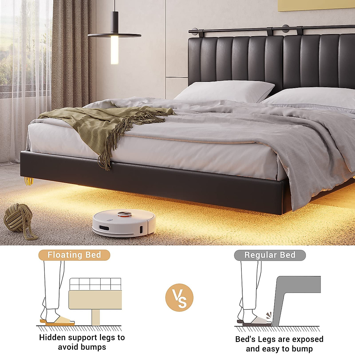 DICTAC Floating King Bed Frame with RGB LED Lights Modern Upholstered King Size Led Bed Frame with Wall Mounted Headboard,No Box Spring Needed,White