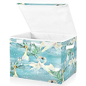 Kigai Storage Basket White Swan Watercolor Storage Boxes with Lids and Handle, Large Storage Cube Bin Collapsible for Shelves Closet Bedroom Living Room, 16.5x12.6x11.8 In